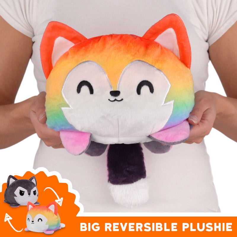 TeeTurtle Big Reversible Wolf Plushie (Rainbow + Dark Gray)
